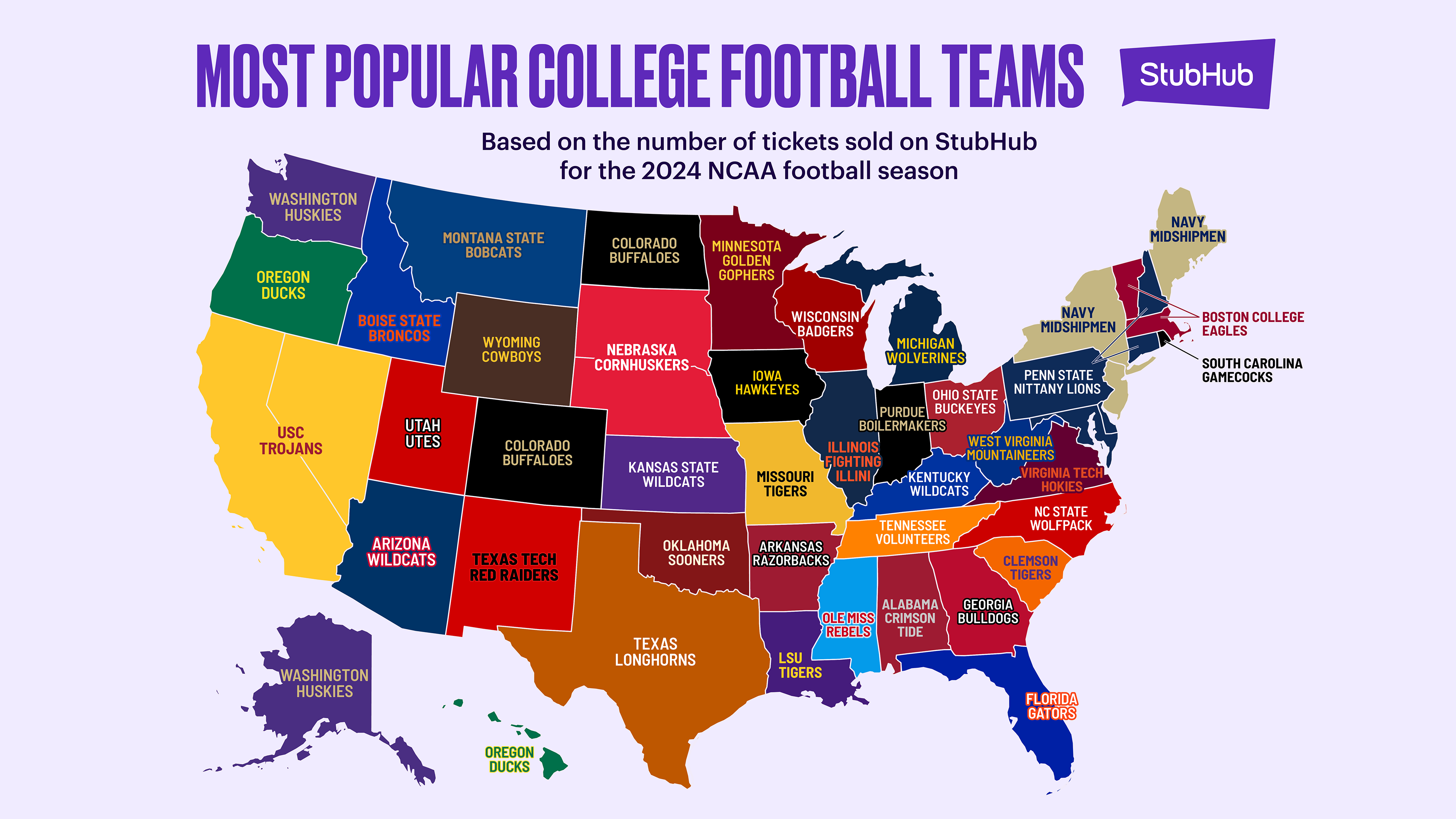 StubHub’s Most Popular College Football Team in Each State